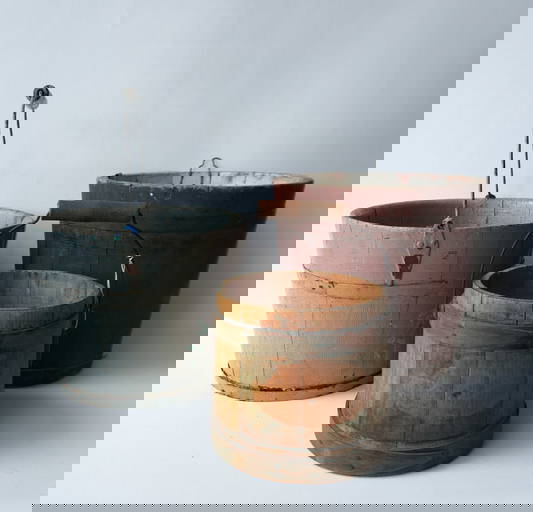 Three Primitive Buckets, All 19th Century Including A Sap Bucket In ...