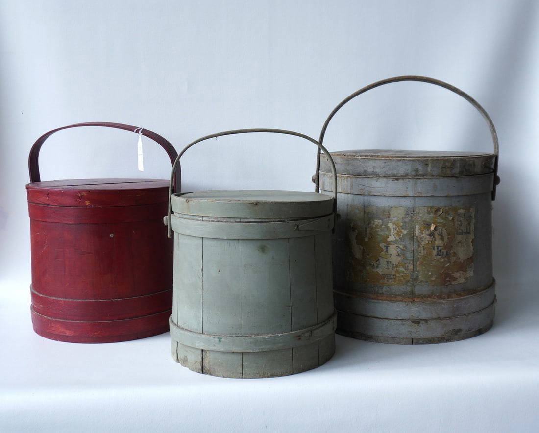 Three Large Firkins, 19th Century. The Largest In Original Gray Paint ...