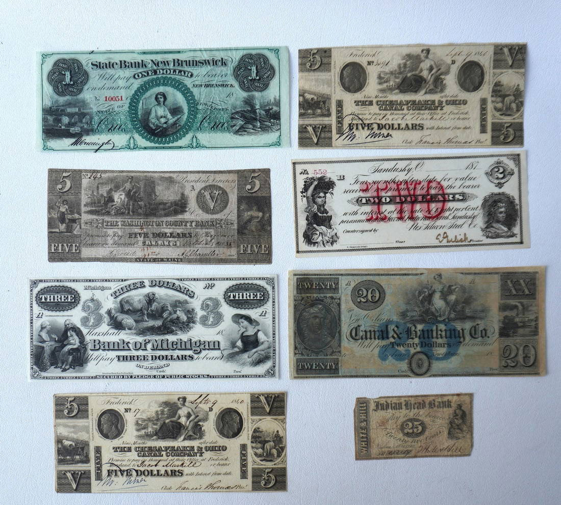 A Grouping Of 8 Private Bank Notes, Various Denominations, Most 1835 To ...
