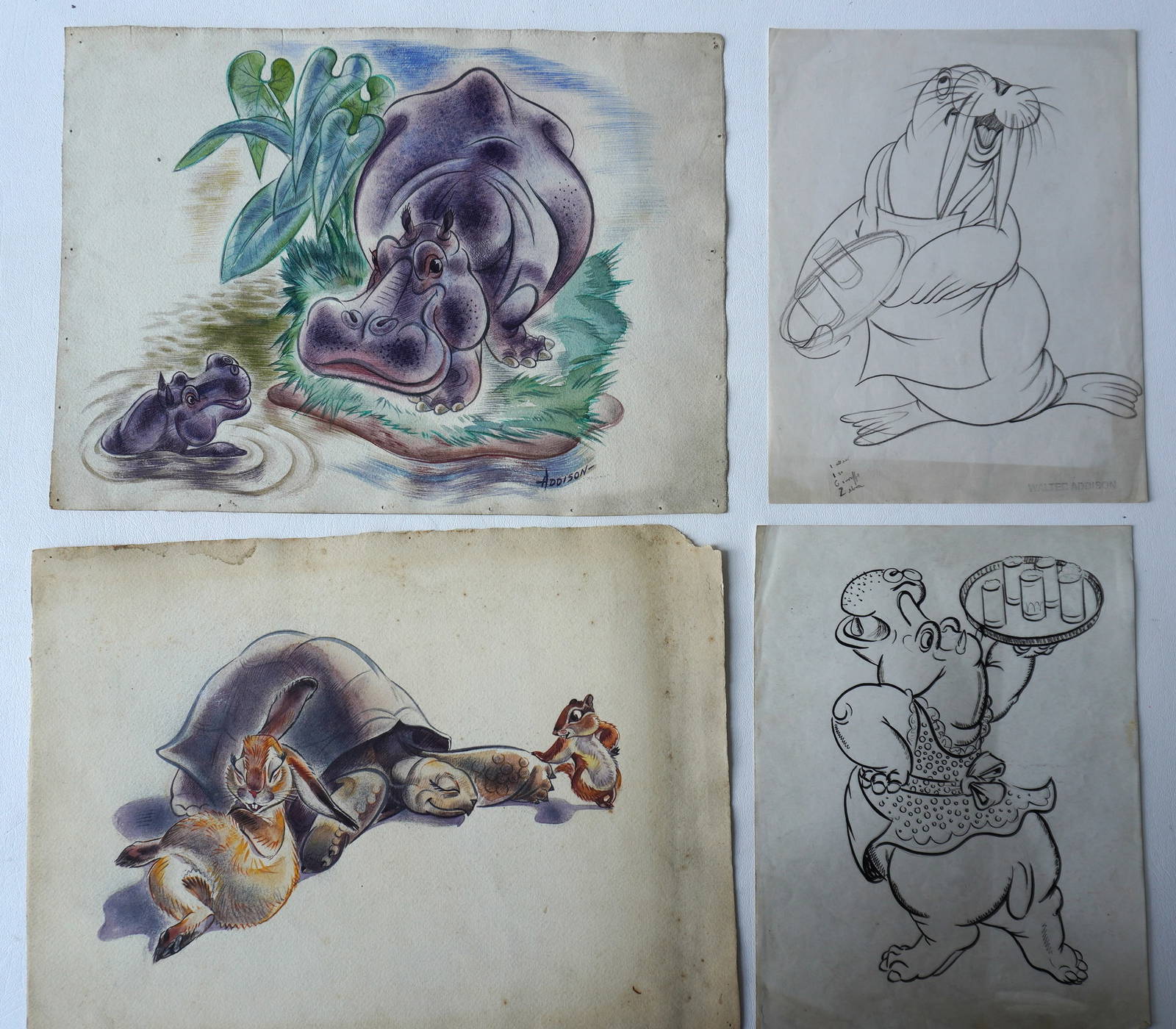 Walter Addison, New York, 1914-1982. Grouping Of 4 Sketches Of Animals ...