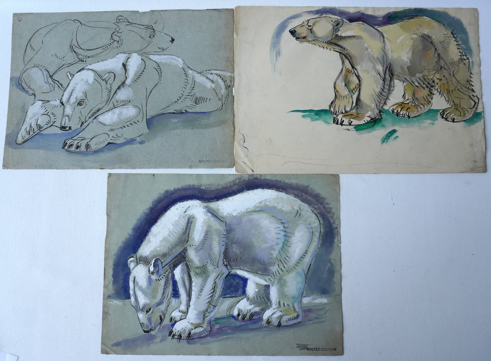 Walter Addison, New York, 1914-1982. Three Polar Bear Watercolors, 2 ...