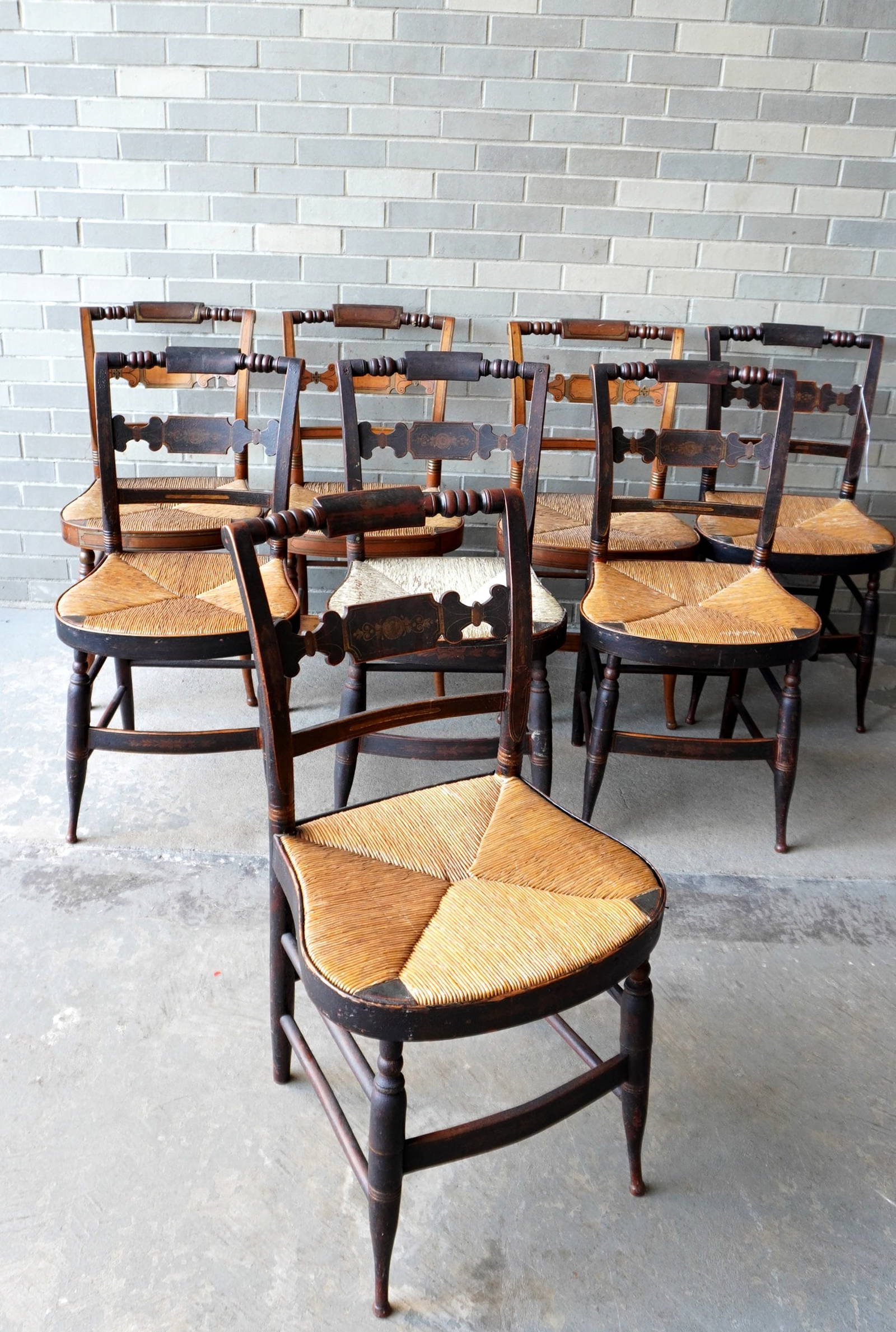 An Assembled Set Of 8 Hand Painted And Stenciled Sheraton Country ...