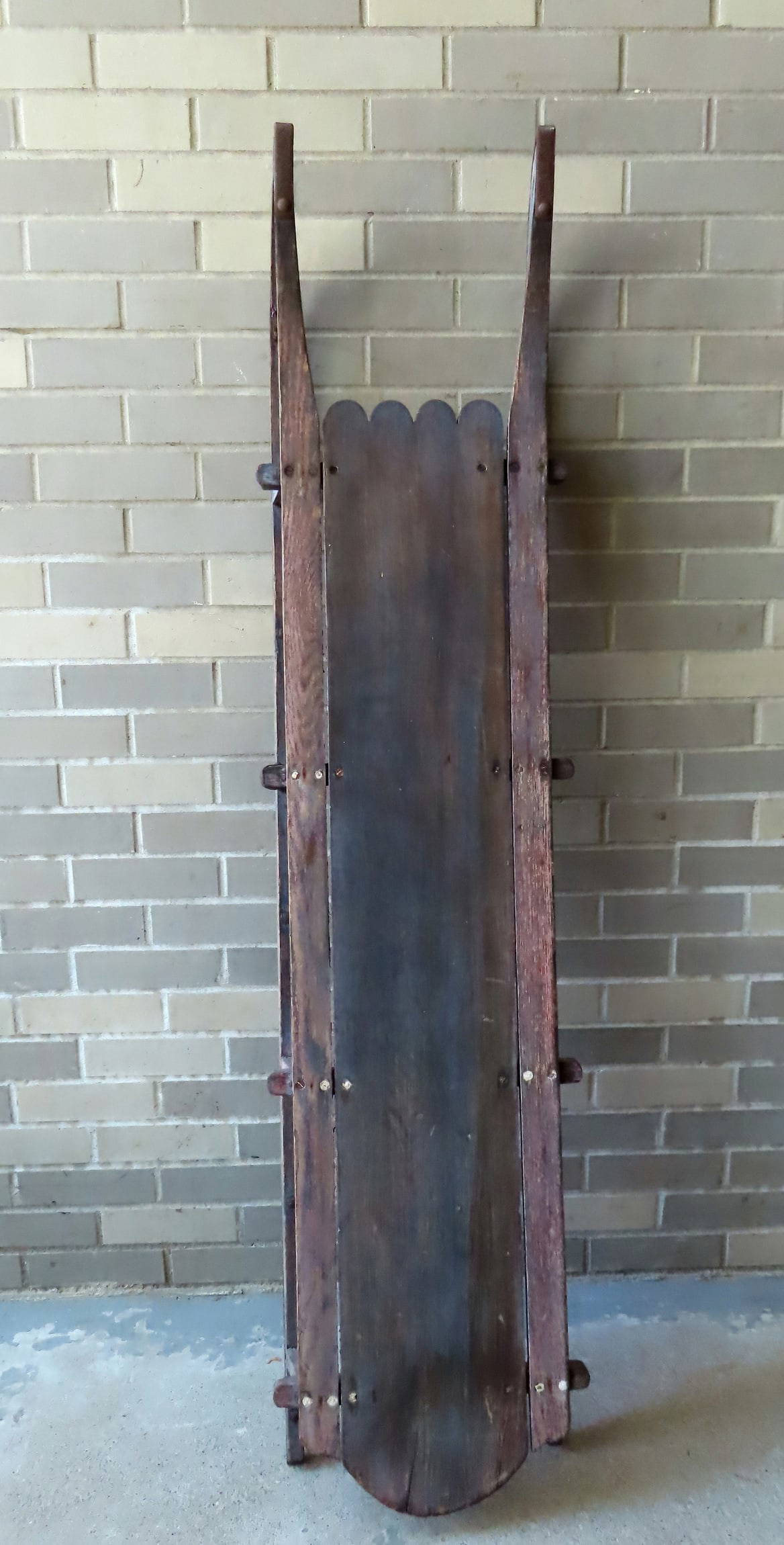 A Good Primitive Hand Made Child's Sled, A 3 Seater, In Original Blue ...