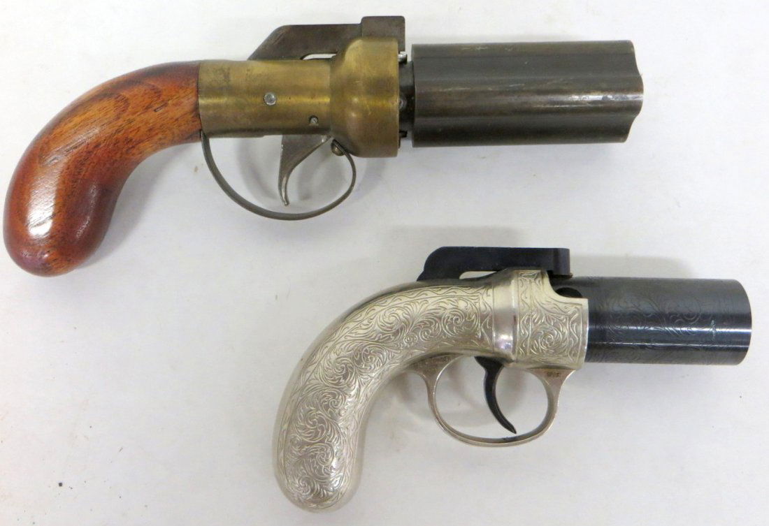 Two Modern Black Powder Pepper Box Pistols, One Marked