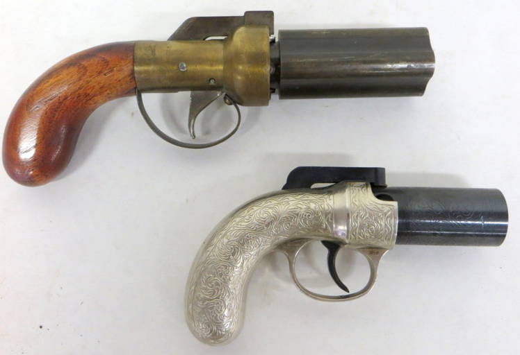 Two Modern Black Powder Pepper Box Pistols, One Marked