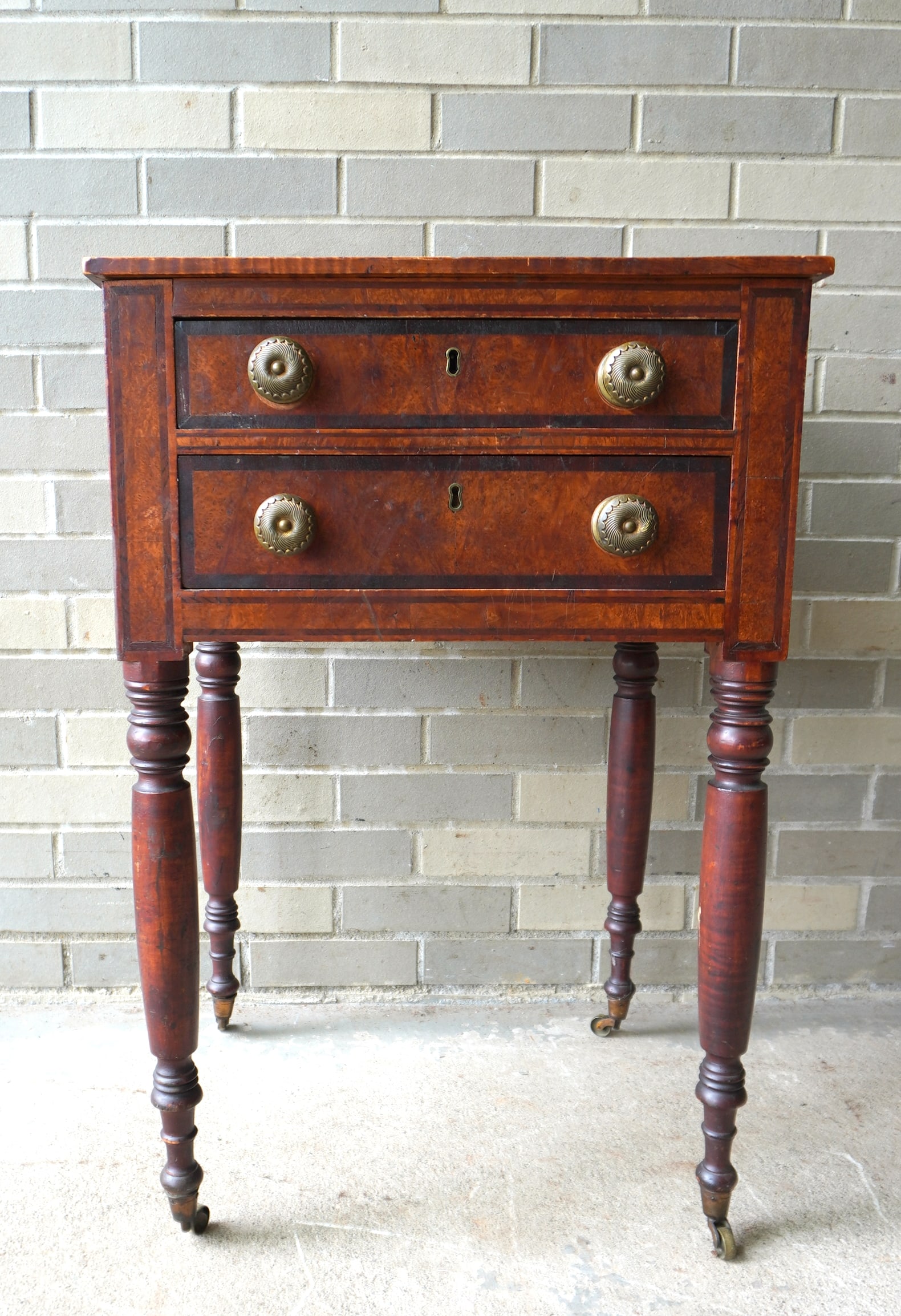 A Classical Sheraton 2 Drawer Work Table, Having Tiger Maple Top, Apron ...