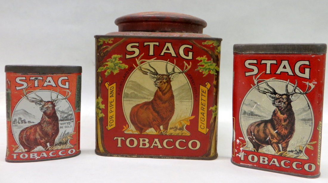 Three Stag tobacco tins including 1 pocket tin - 4.5"H,