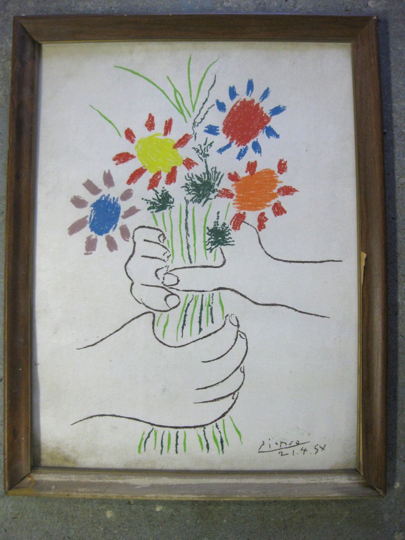 Picasso Lithograph Of Hands Holding Flowers Sight
