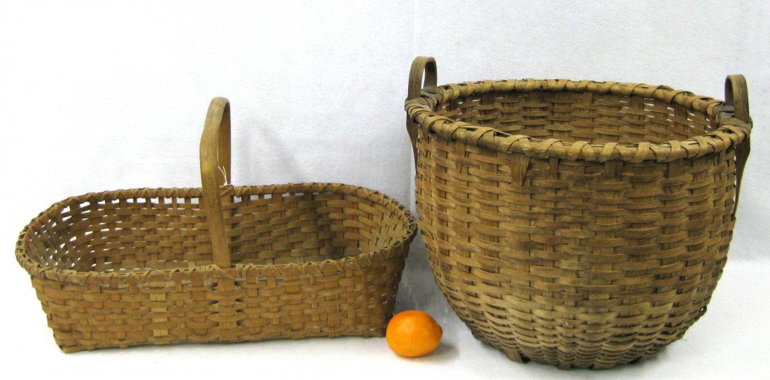 Two early splint woven baskets: 1) Large round double