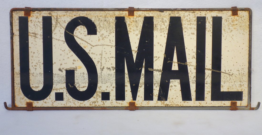 Metal sign "U.S. MAIL" in original black and white
