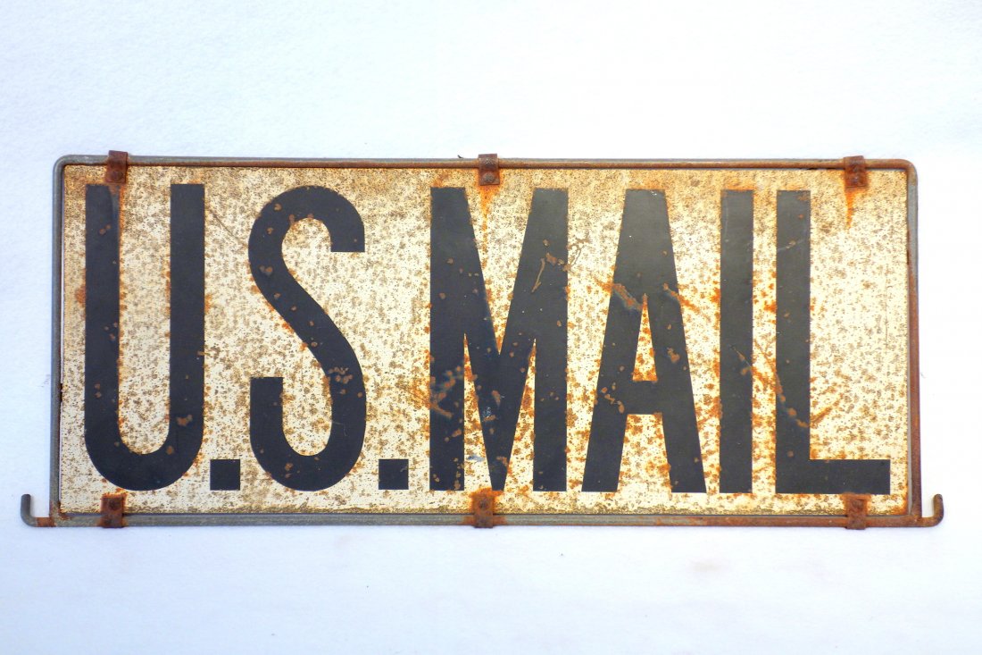 Metal sign "U.S. MAIL" in original black and white