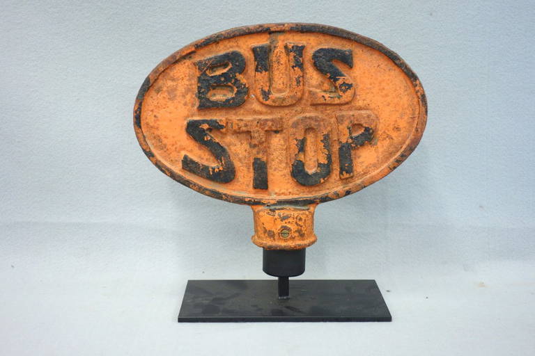 Vintage Double Sided Cast Iron "bus Stop" Oval Sign In