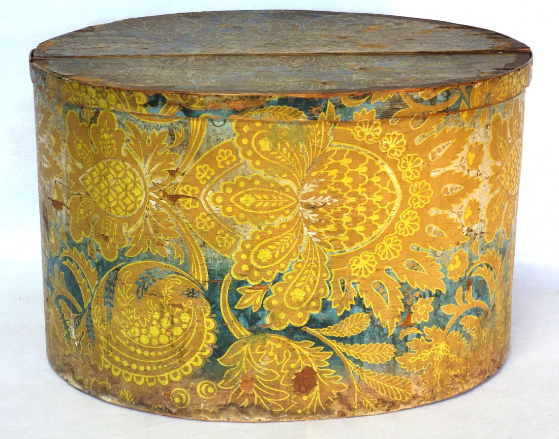 Unusually large wall papered oval wooden band box