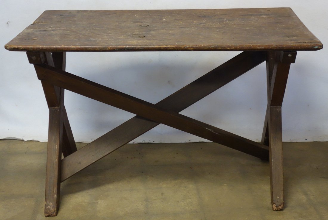 Early sawbuck table - base in old brown paint with