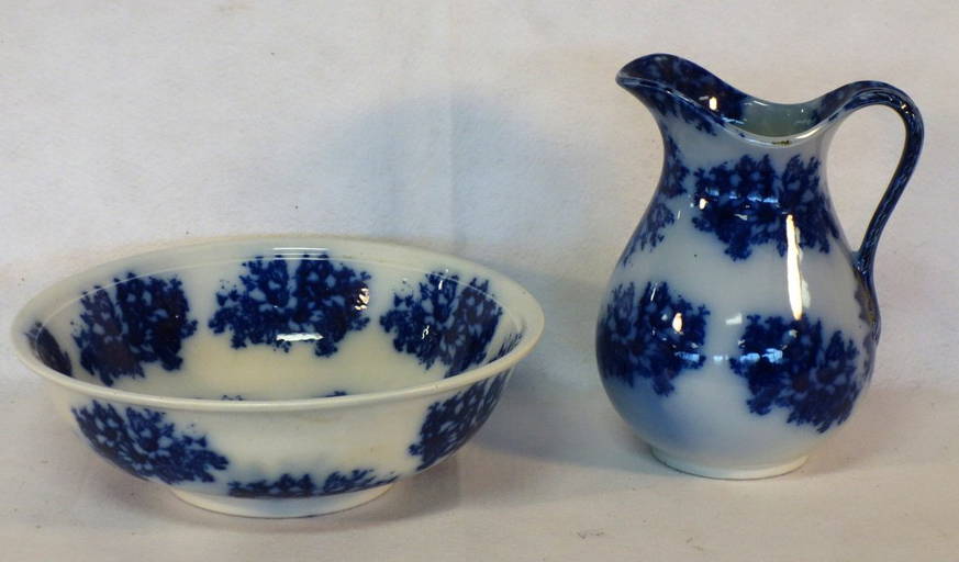 Flow Blue Bowl And Pitcher Set, 19th Century. Good