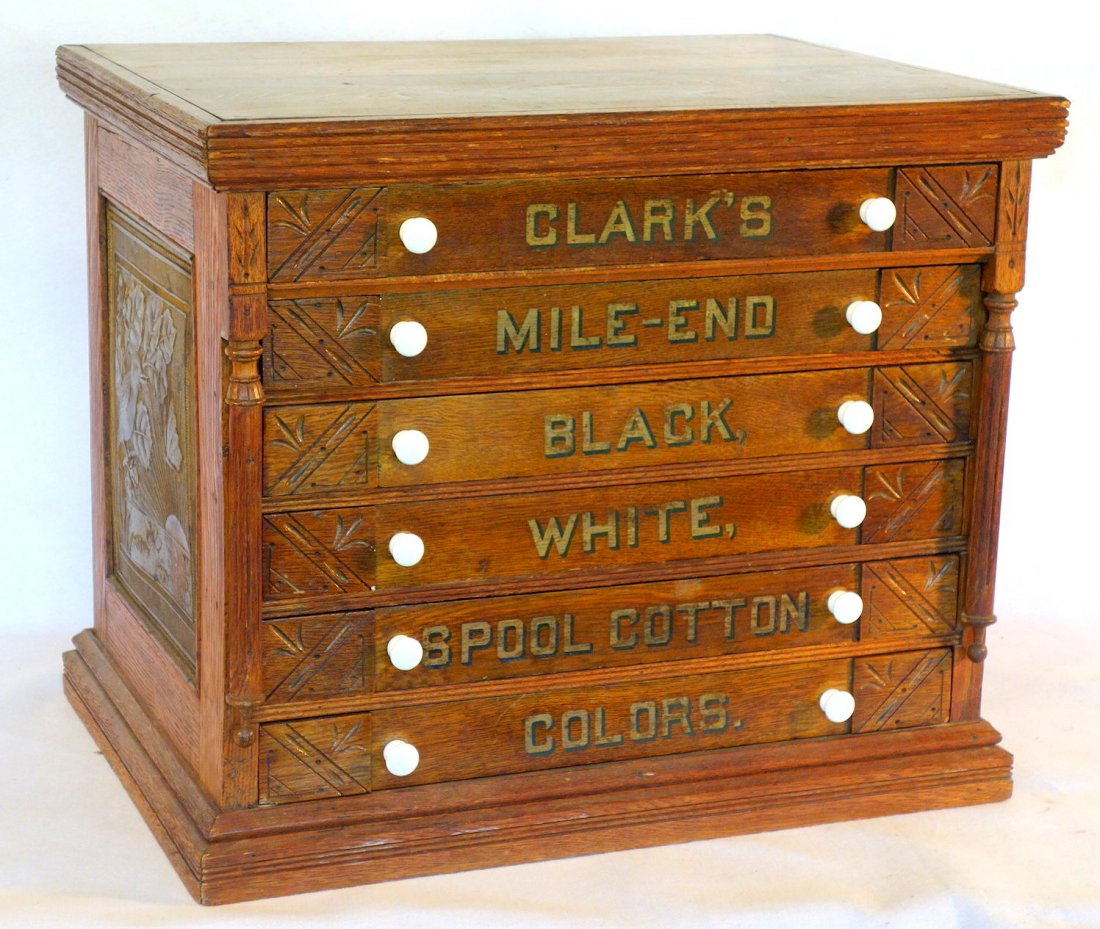 Oak 6 drawer spool cabinet signed Clark's Spool Cabinet