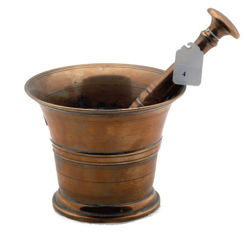 Solid Copper Mortar And Pestle, Measures 5 1/2" H., 7"