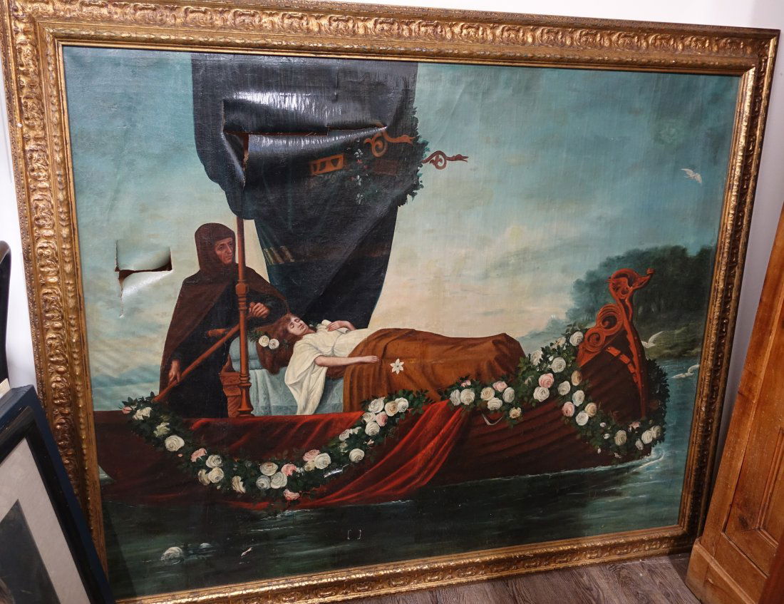 Antique Oil On Canvas Of A Sea Viking Burial Painting