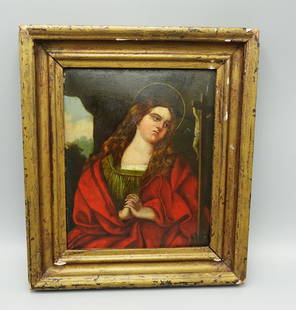 Antique Virgin Mary Painting 18c Oil On Metal Religious