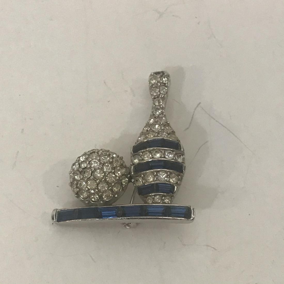 Vintage Bowling Pin And Ball Rhinstone Brooch