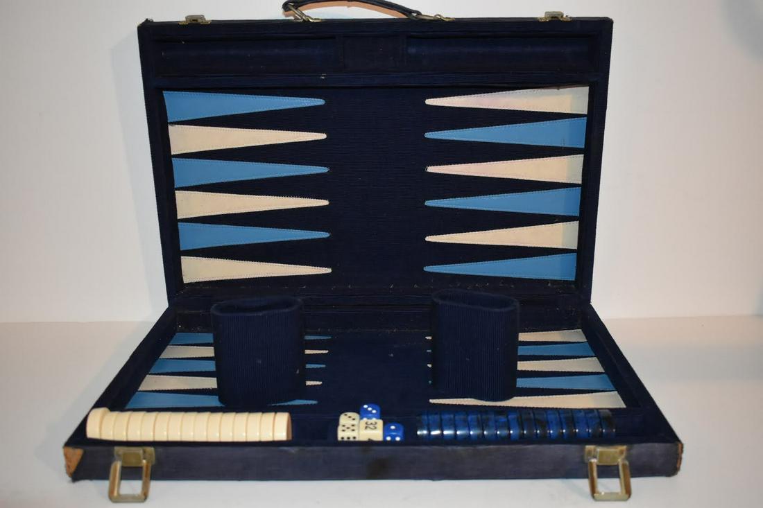 Vintage Blue & White Backgammon Game Set Rare Velour Corduroy Case