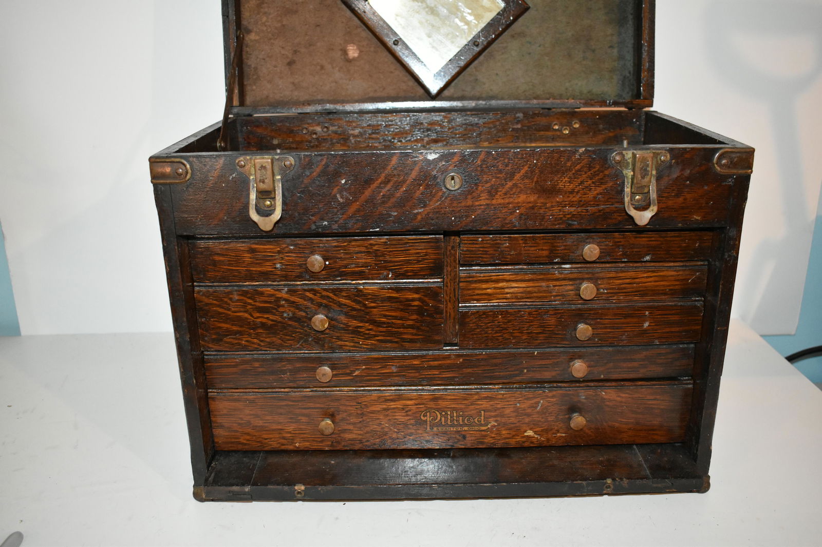 Antique Wood Machinist Tool Box Chest 7 Drawer Pilliod