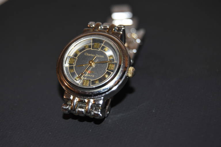 Charles Delon Watch Mens Stainless Steel Silver Black Quartz Works