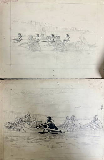 Antique Pair Of Boston Men's Rowing Drawings Harold Robert Shurtleff
