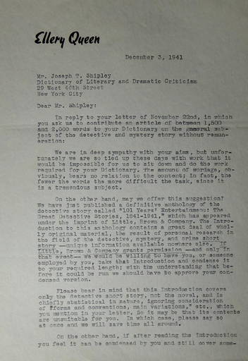 "ellery Queen" Fred Dannay Typed Ltr Signed