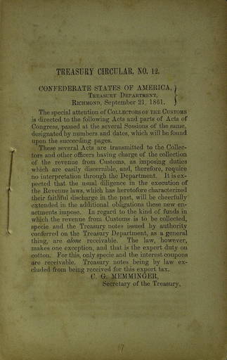 Csa Treasury Circular 1861 To Raise Money