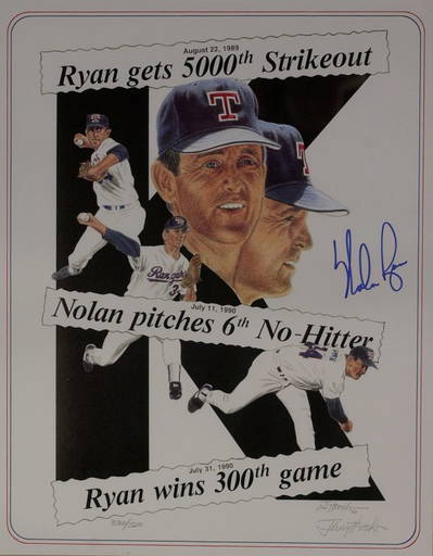 Pitcher Nolan Ryan Lithograph And Pennant Signed