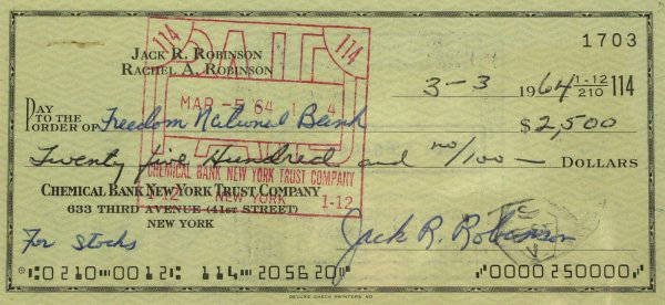 Dodger Jackie Robinson Check Signed