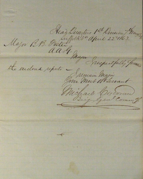 243: General MICHAEL CORCORAN - Ltr Signed 1863