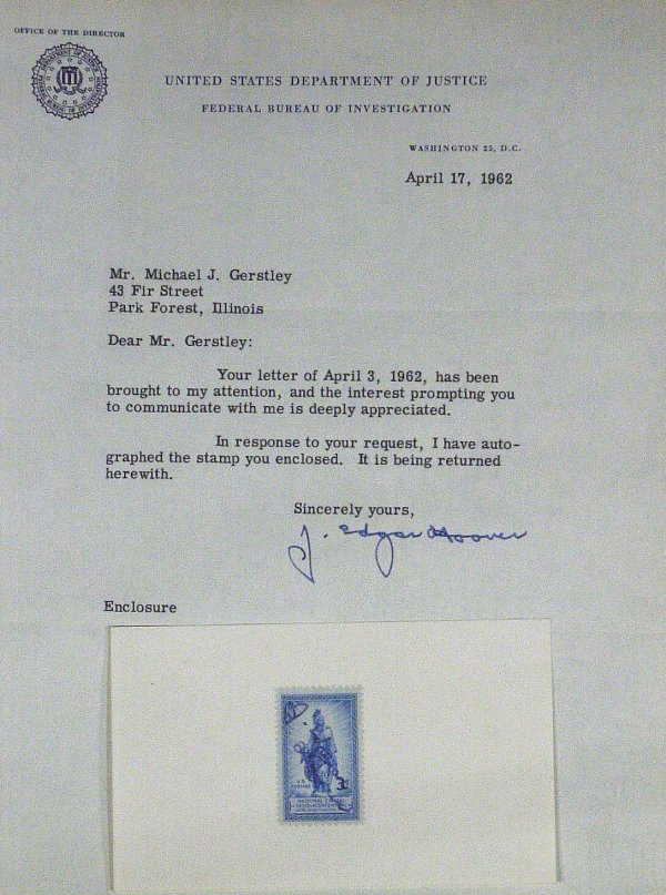 330: FBI Director J EDGAR HOOVER - Ltr & Stamp Signed