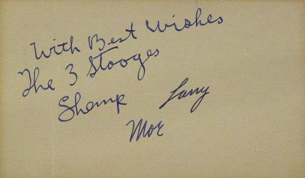 3 Stooges Postcard Signed Moe, Shemp, Larry