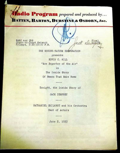 Hvywght Champ Jack Dempsey 1933 Radio Script Signed