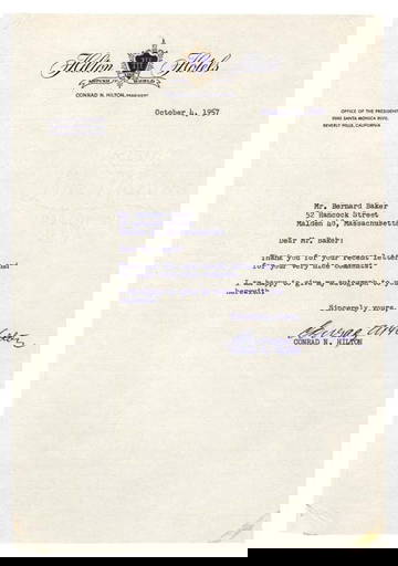 Hilton, Conrad Signed Note