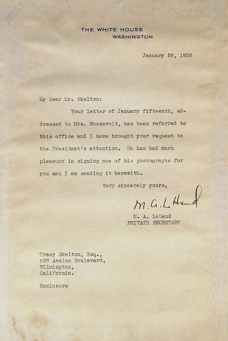 FDR Secy MISSY LeHAND - Typed Ltr Signed