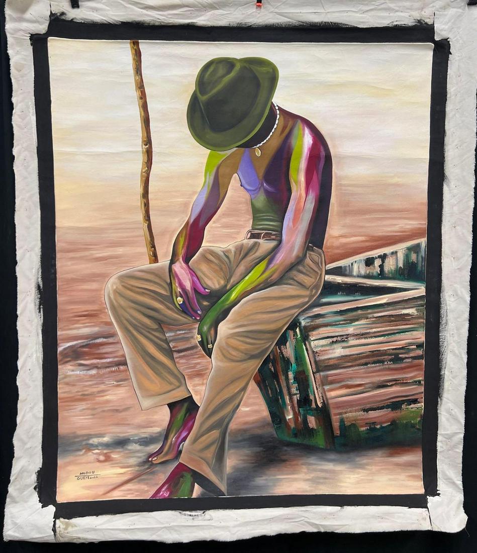 Modou Gueye Original Contemporary Colorful Painting Of Ficher Man Auction