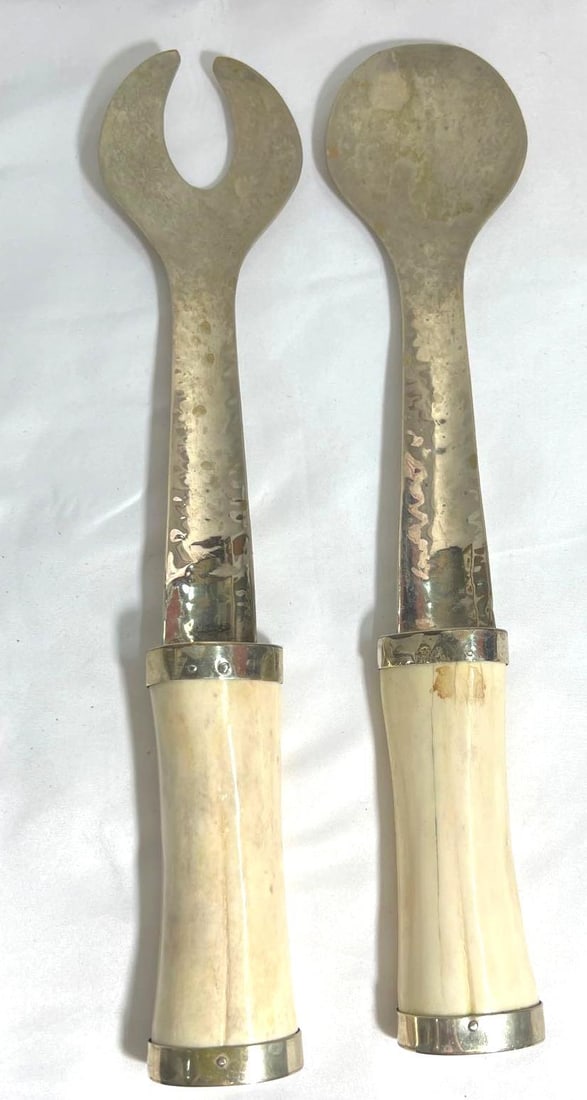 Vintage Modernist Nickel Plated Bone Handle Salad Serving Utensils Auction