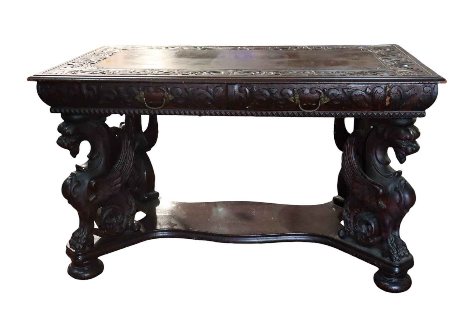 R.j. Horner Carved Winged Griffin Library Table. Auction