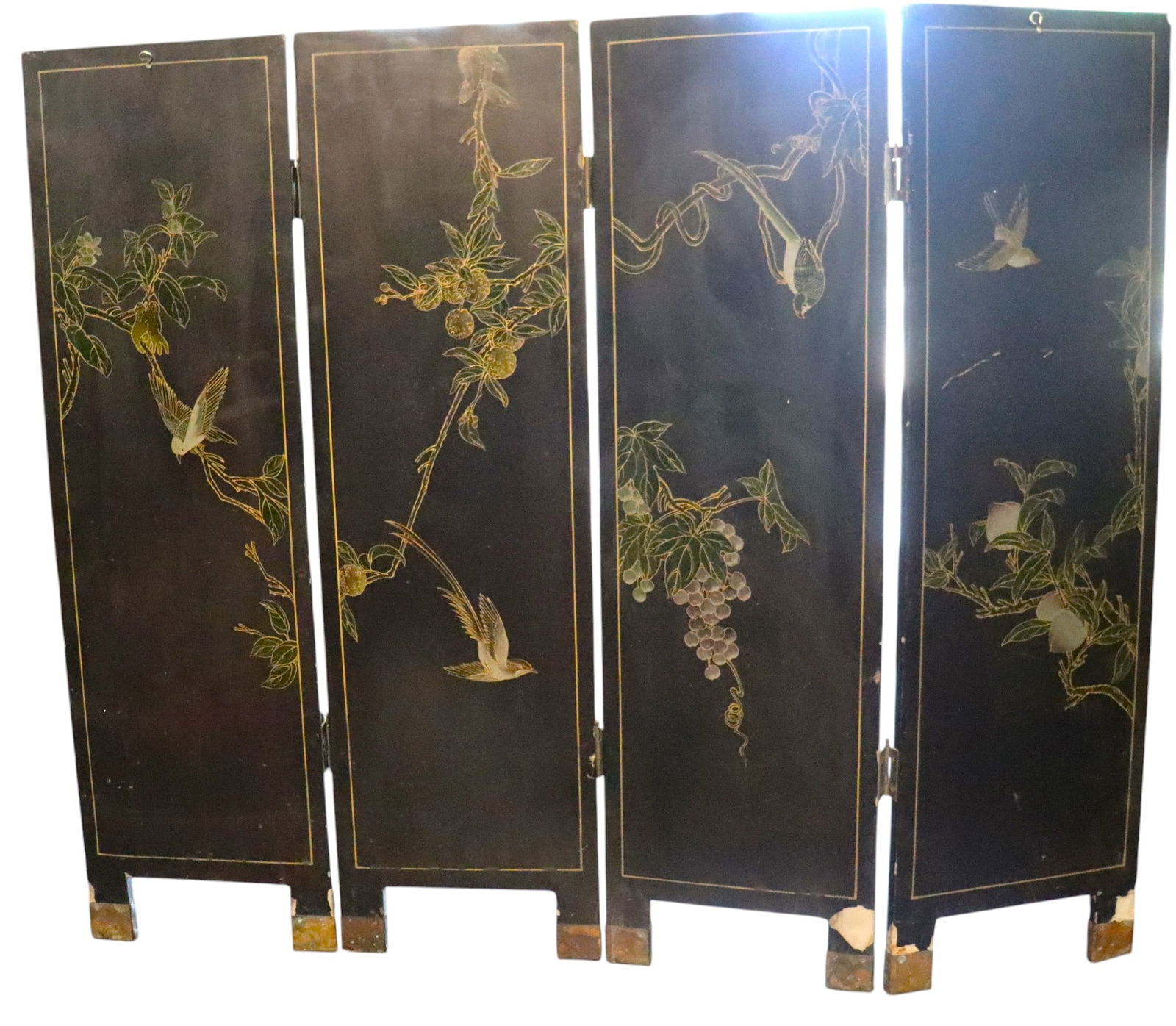 Traditional Chinese Vintage 4 Panel Black Lacquer Screen Auction