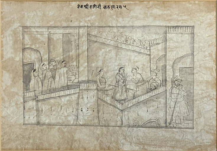 19th century Indian miniature drawing of a King in a fort being greeted ...