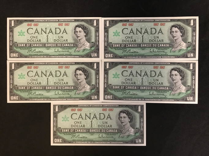 1967 $1 Canada Bank Notes (x5) Uncirculated