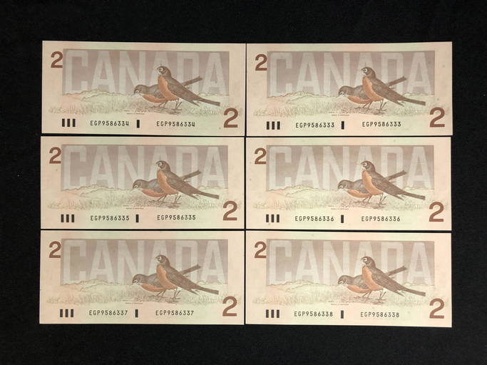 Sequential Canadian 2 Dollar Banknotes