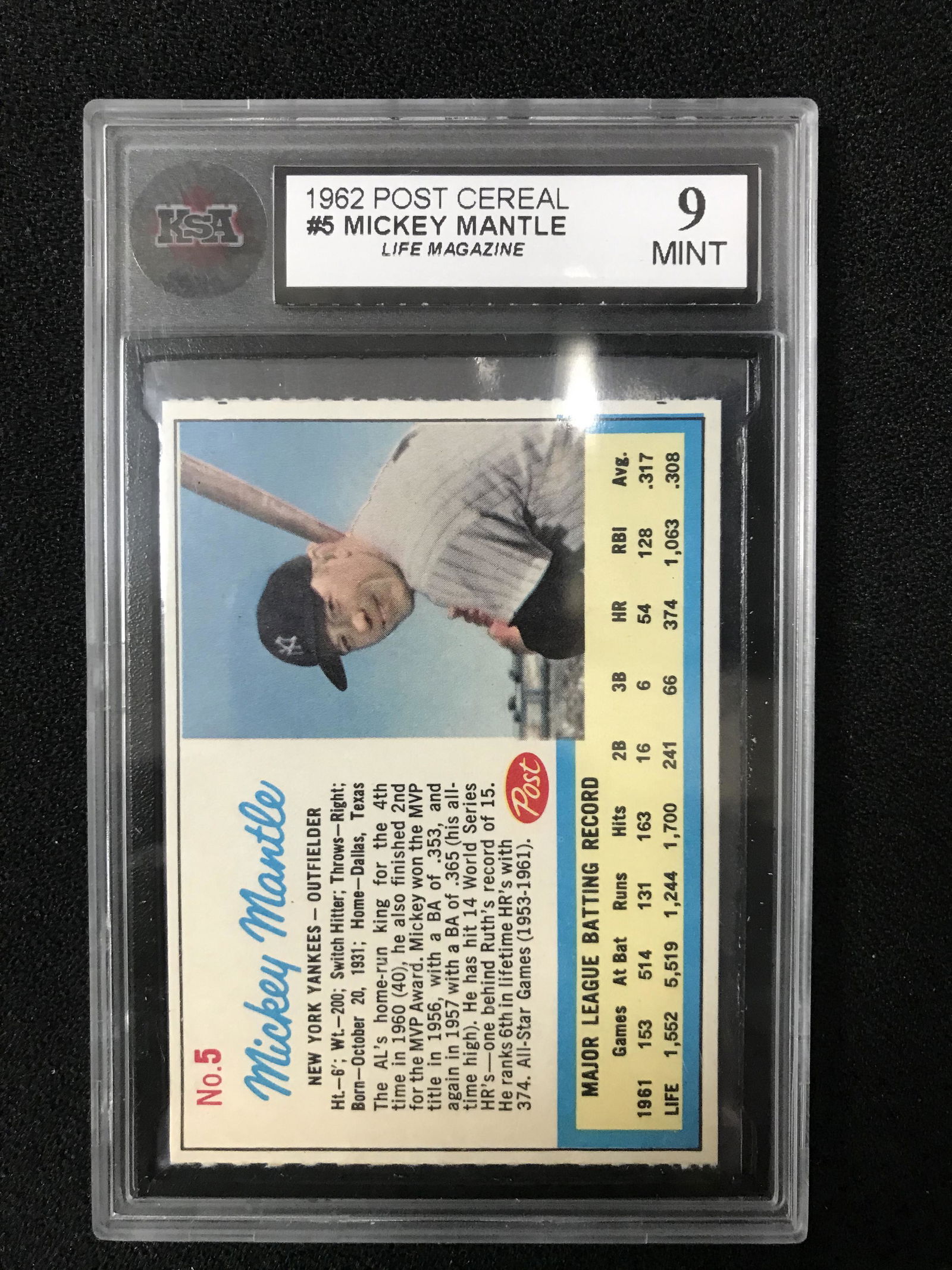 1962 Post Cereal #5 Mickey Mantle Ksa Graded 9