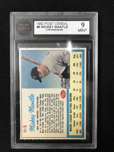 1962 Post Cereal #5 Mickey Mantle Ksa Graded 9