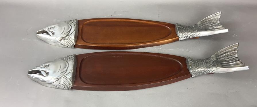 2 Metal And Wood Fish Platters