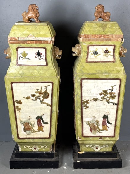 Pair Of Chinese Jade & Marble Clad Monumental Urns Auction