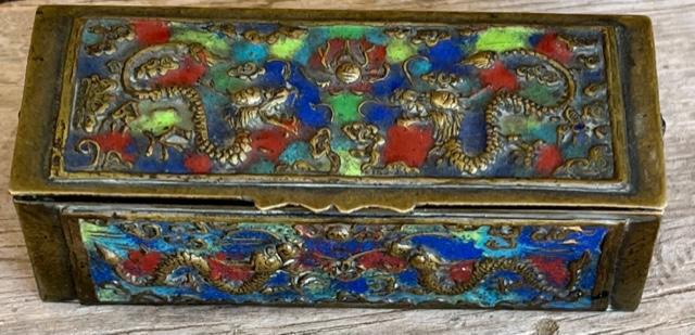 Vintage Triple Compartment Chinese Stamp Box Dragon Motif Brass Applique